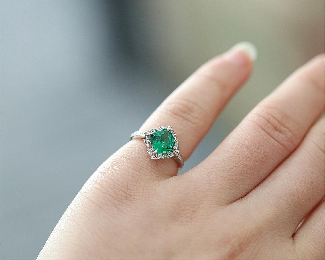 Vintage Cushion Cut Emerald Bridal Ring Art Deco Emerald - Etsy