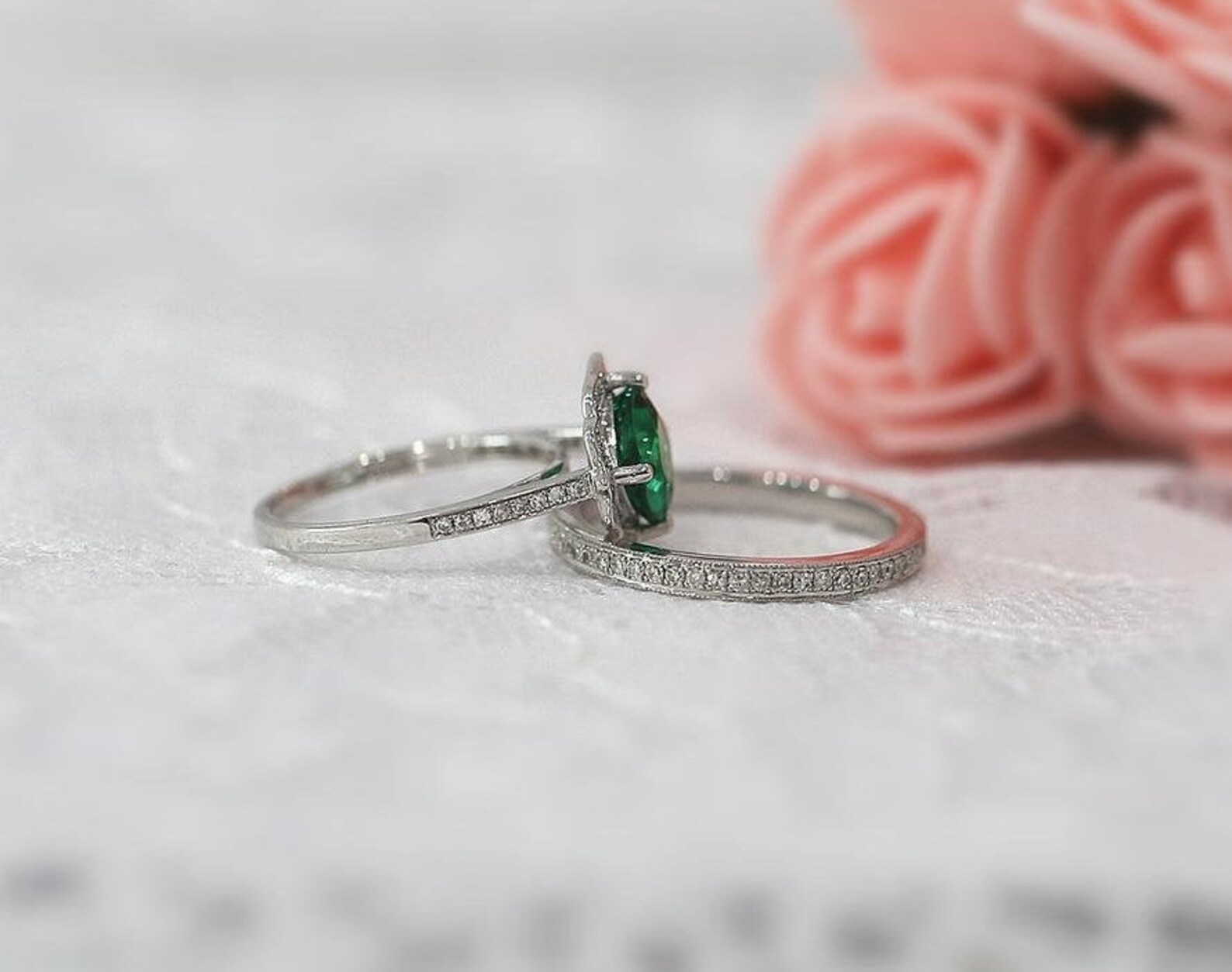 14k White Gold Emerald Wedding Set Art Deco Emerald Bridal | Etsy