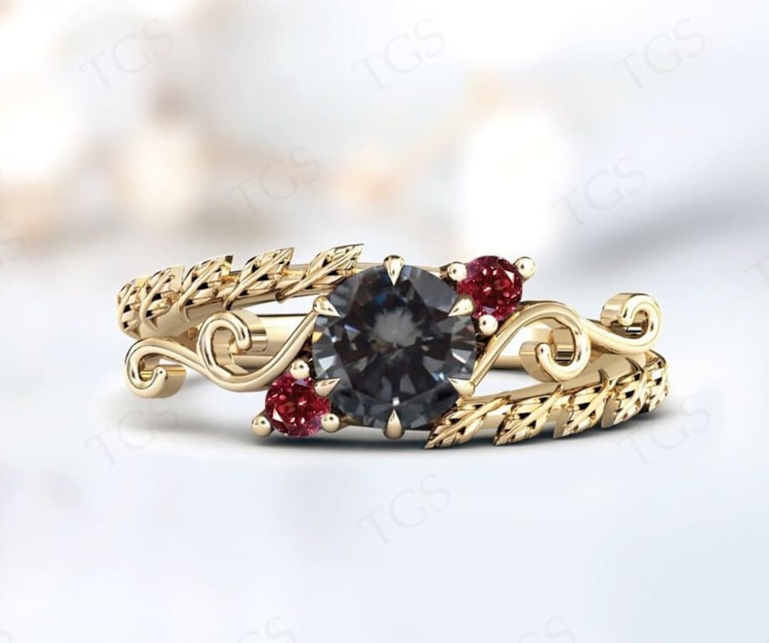 14k Gold Grey Spinal Wedding Ring for Women Art Deco Leaf Style Promise ...