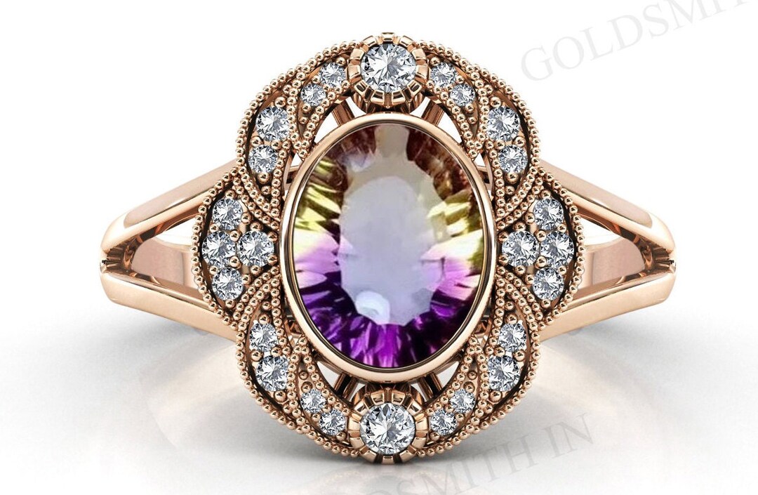 Bio Color Ametrine Halo Engagement Ring Oval Cut Ametrine Art Deco ...
