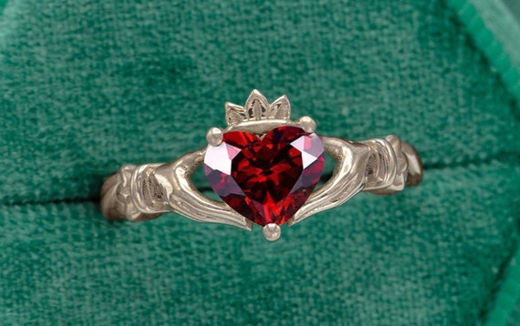 Claddagh Red Garnet Engagement Ring Vintage Garnet Wedding Ring Unique Claddagh Heart Shaped Bridal Promise Ring Antique Anniversary Ring
