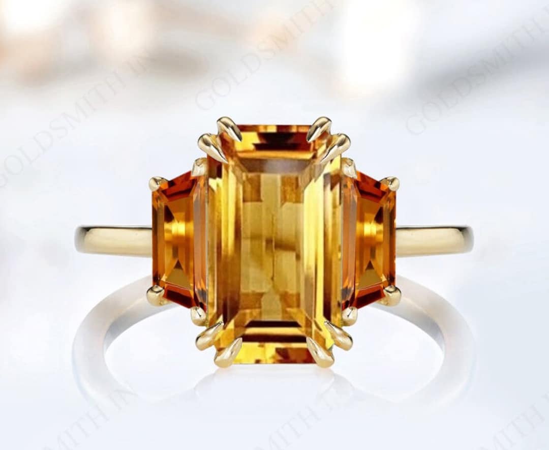14k Gold Citrine Engagement Ring for Women Multi Gemstone Ring Art Deco ...