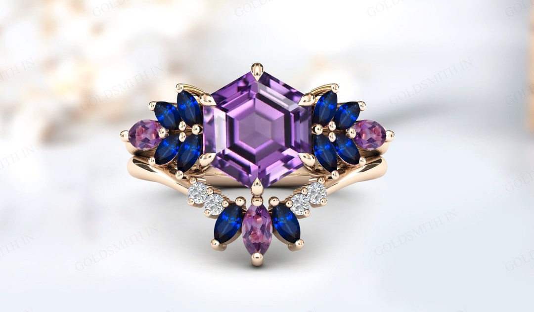Hexagon Shaped Amethyst Engagement Ring Set Unique Amethyst Bridal Ring ...