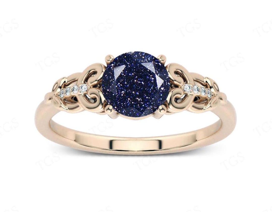 Galaxy Blue Sandstone Wedding Ring for Women 14k Gold Blue Sandstone ...