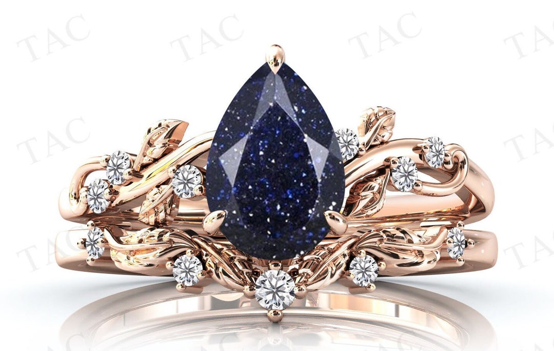 Pear Cut Blue Sandstone Engagement Ring Set Antique Women Wedding Ring Set Blue Gemstone Ring ...