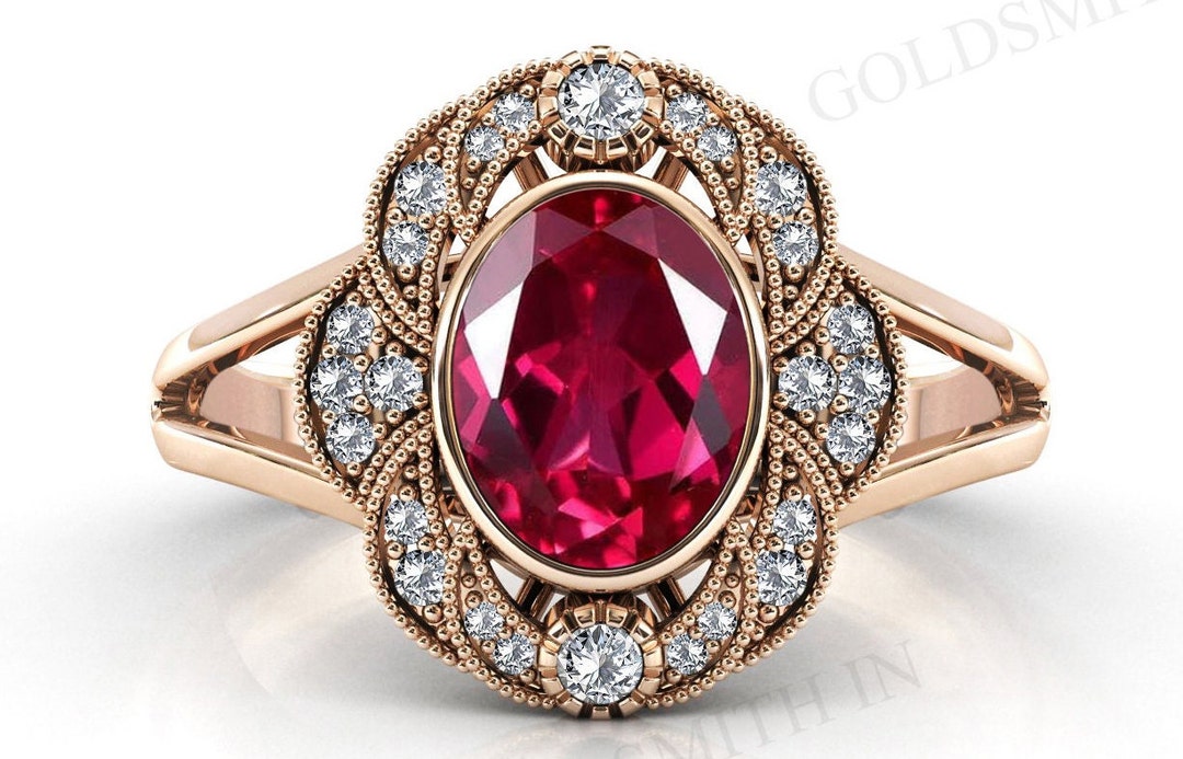 14k Rose Gold Ruby Engagement Ring Oval Cut Ruby Wedding Ring Red ...