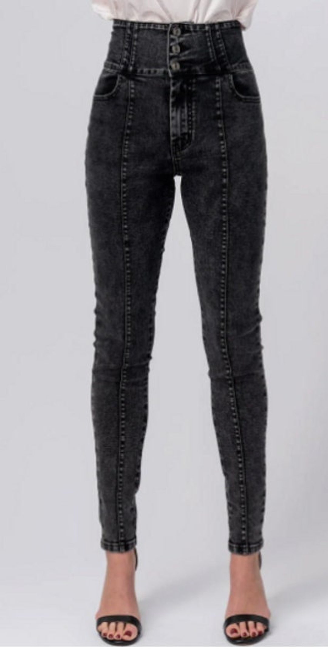 High Waisted Black Acid Wash Jeans - Etsy