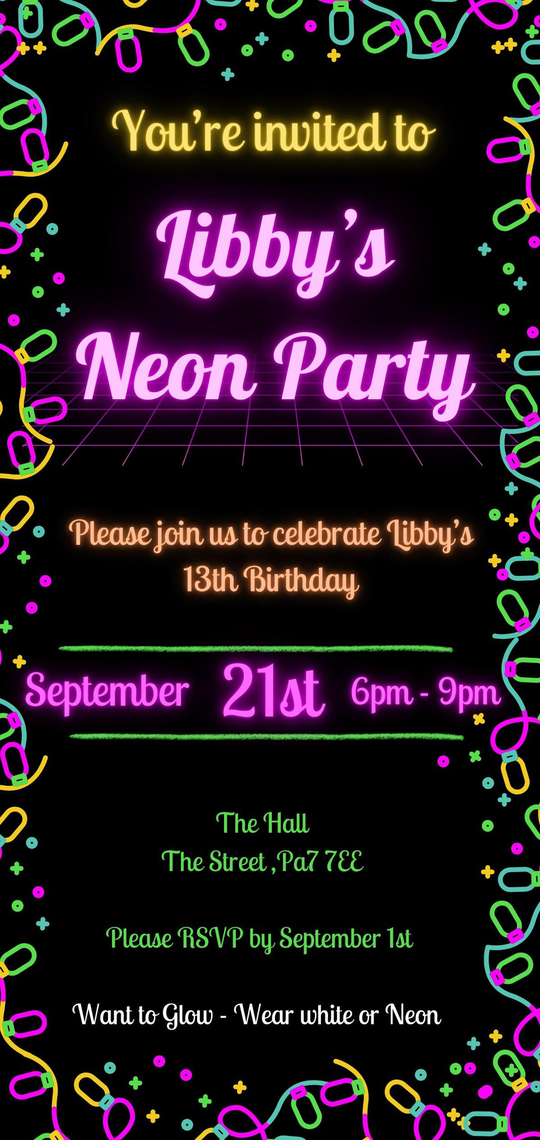 Neon Birthday Party Invitation / Neon Party / Personalised Invitation ...