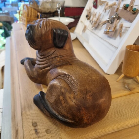Wooden Dog Figure Boxer Bulldog Carving Handmade Vint… - Gem