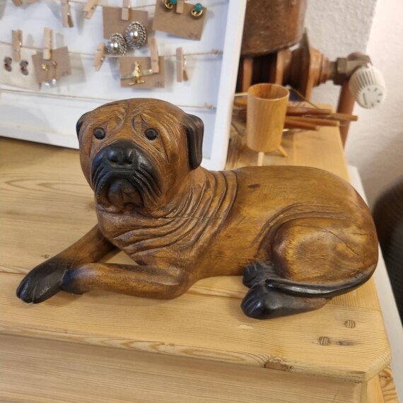 Wooden Dog Figure Boxer Bulldog Carving Handmade Vint… - Gem