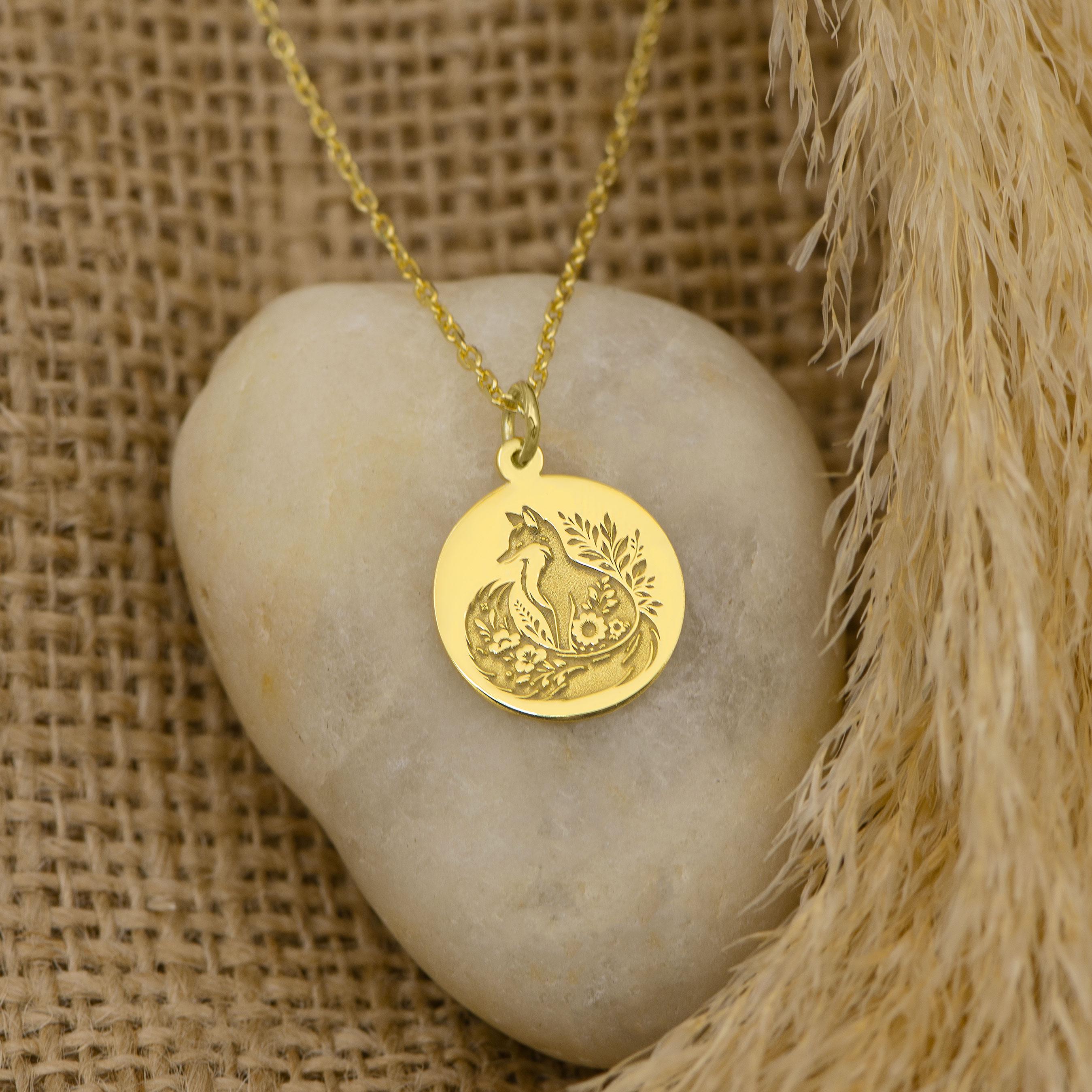 14K Solid Gold Floral Fox Necklace - Handcrafted Floral Pendant | Gold ...
