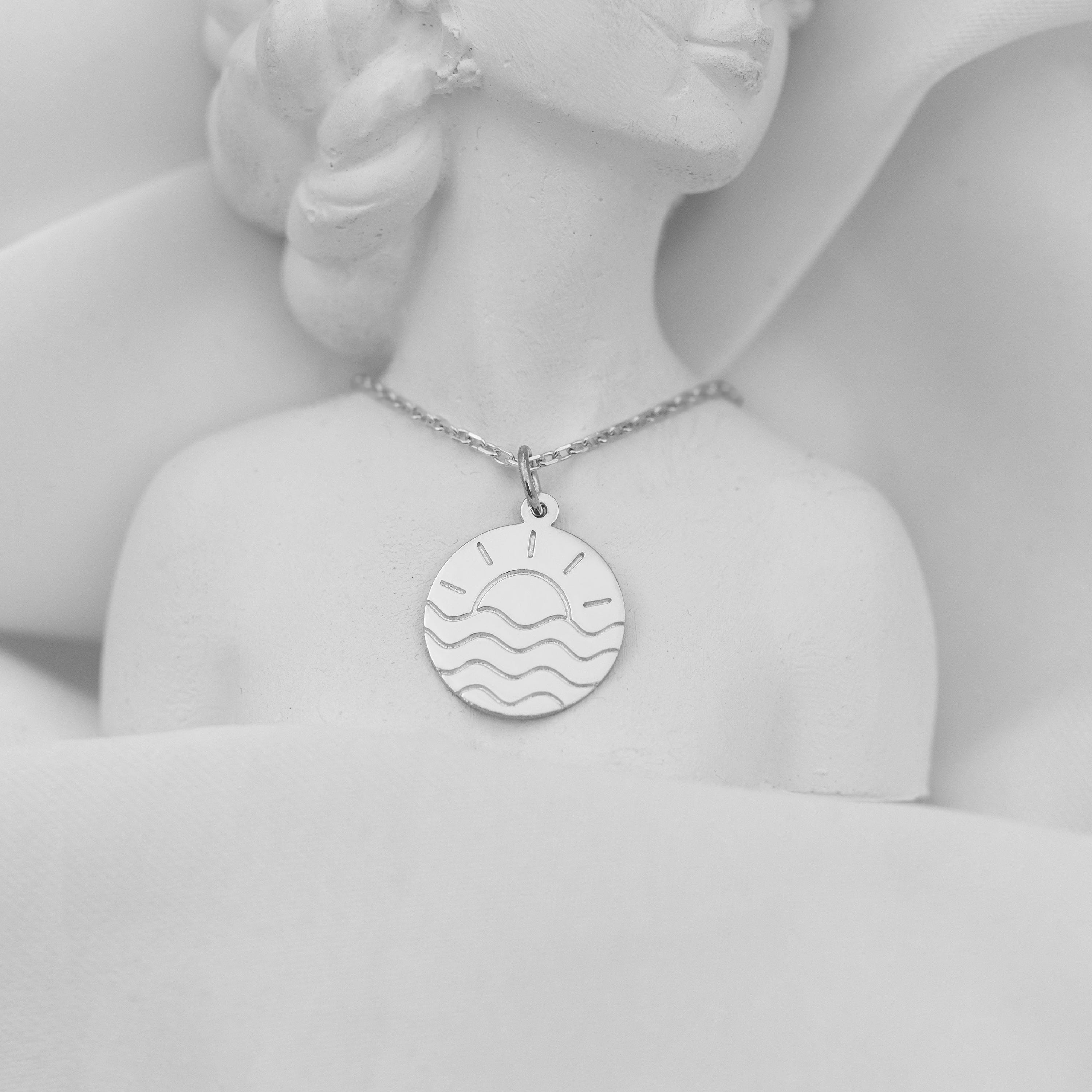 14K Solid Gold Sun and Sea Pendant - Nautical Beach Jewelry, Ocean ...