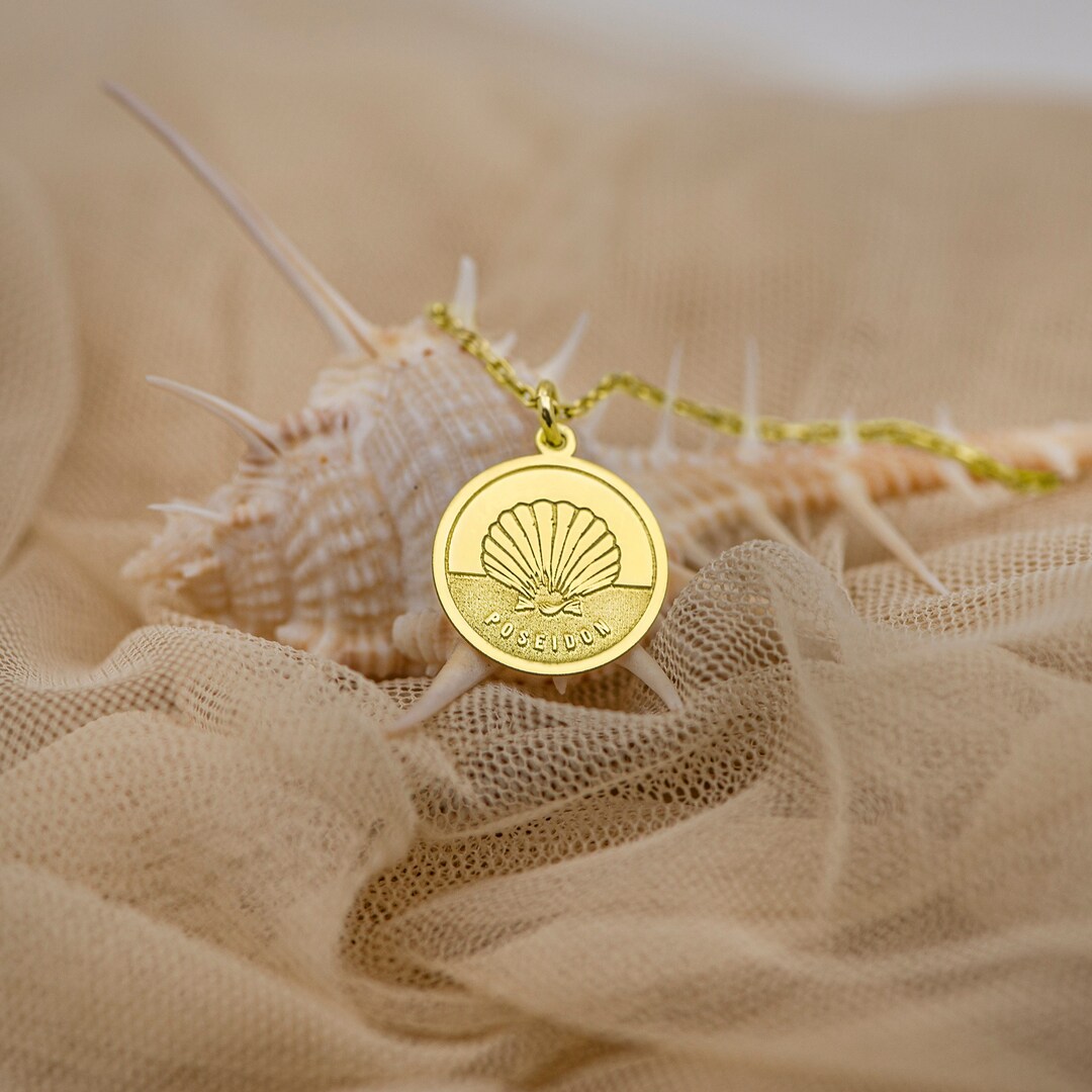 14k Solid Gold Poseidon Seashell Necklace - Personalized Coin Pendant ...