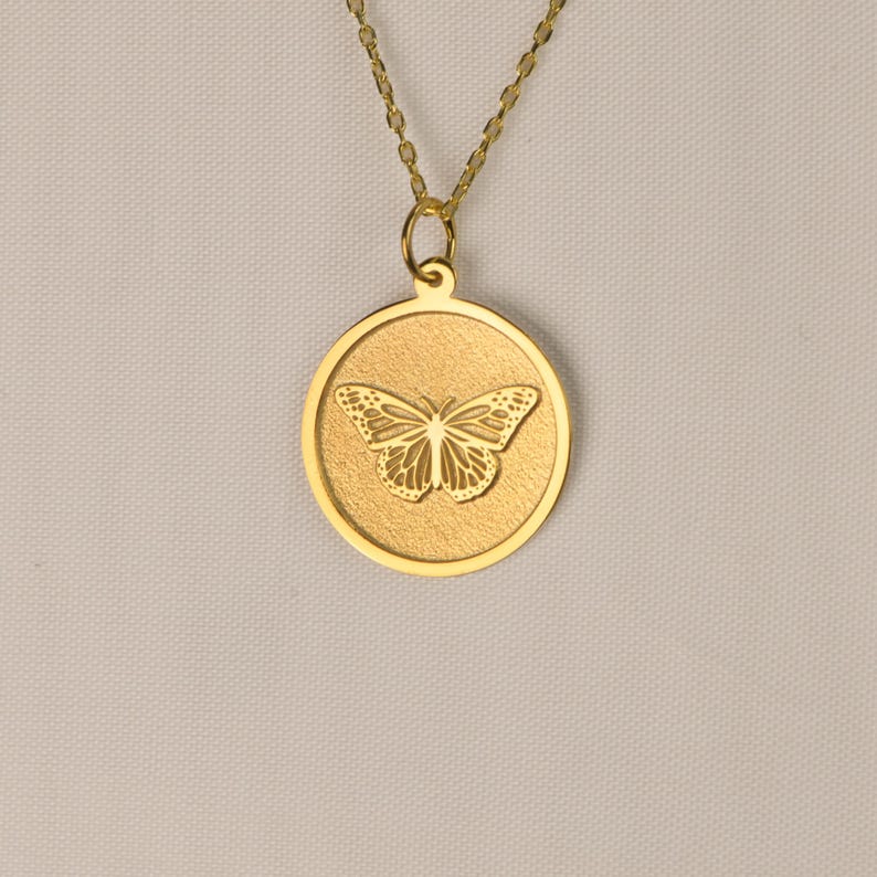 14K Solid Gold Butterfly Necklace • Dainty Butterfly Medallion Pendant ...