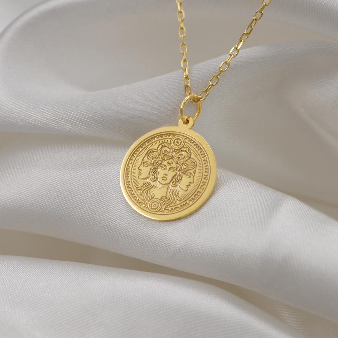14K Solid Gold Hecate Necklace – Handmade Triple Moon Goddess Pendant ...