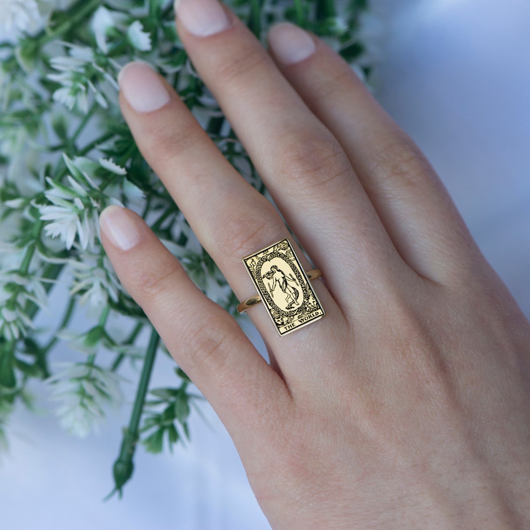 10k Solid Gold Tarot Card Ring the World Tarot Card Ring Mystic Jewelry ...