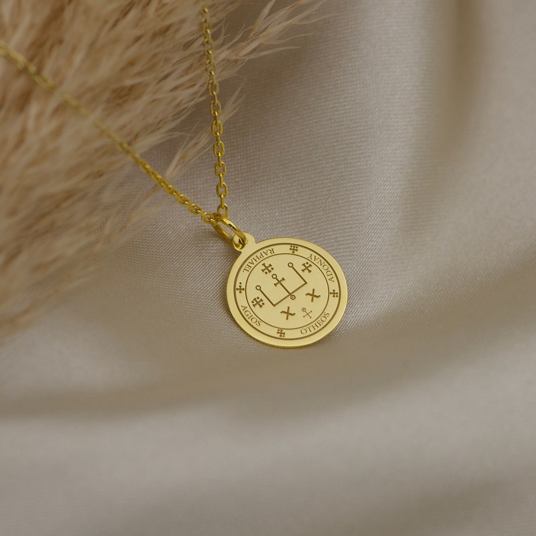 14K Solid Gold Archangel Raphael Seal Necklace - Healing Guardian ...