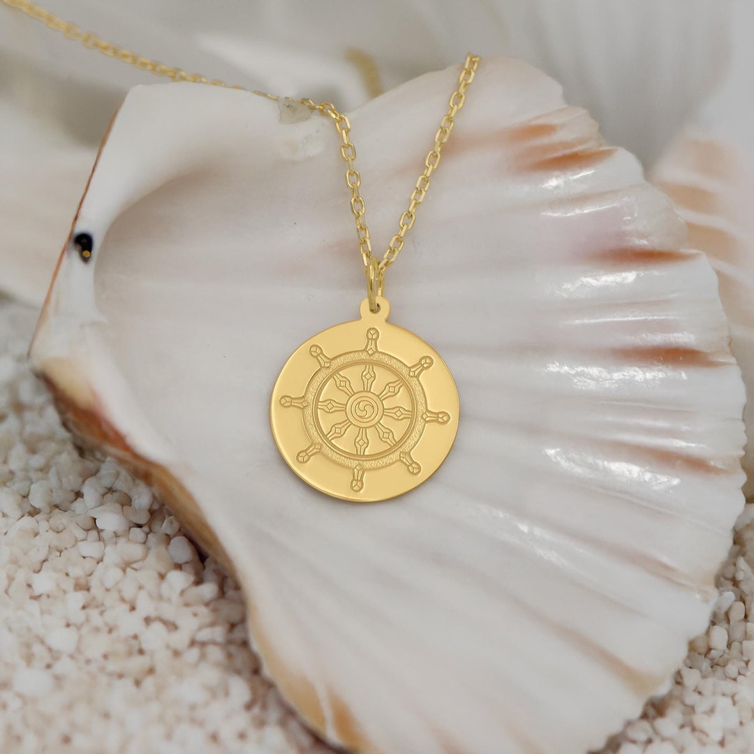 14K Solid Gold Dharma Wheel Necklace – Buddhist Symbol Jewelry ...