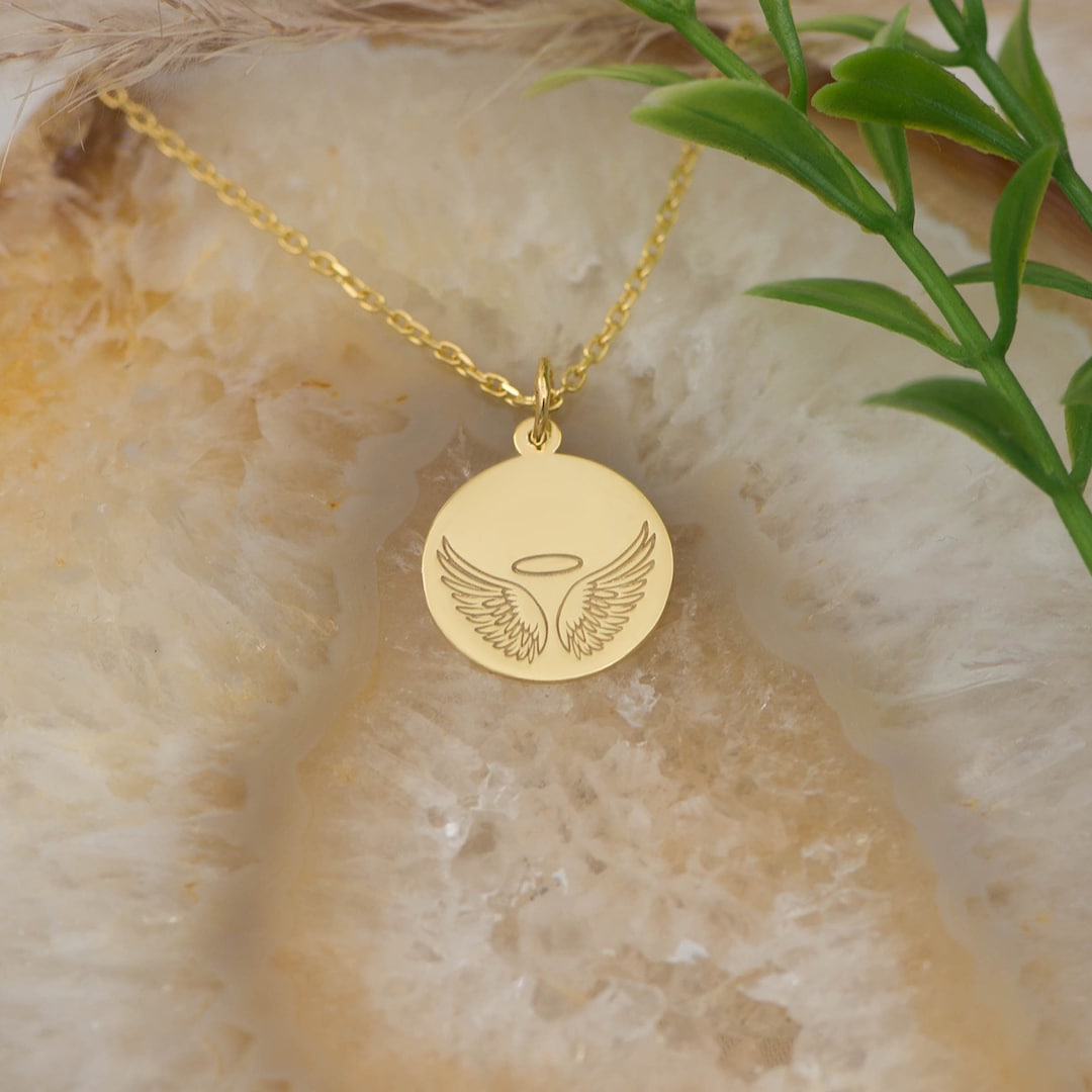 14K Solid Gold Angel Wings Circle Necklace - Elegant Memorial Jewelry ...