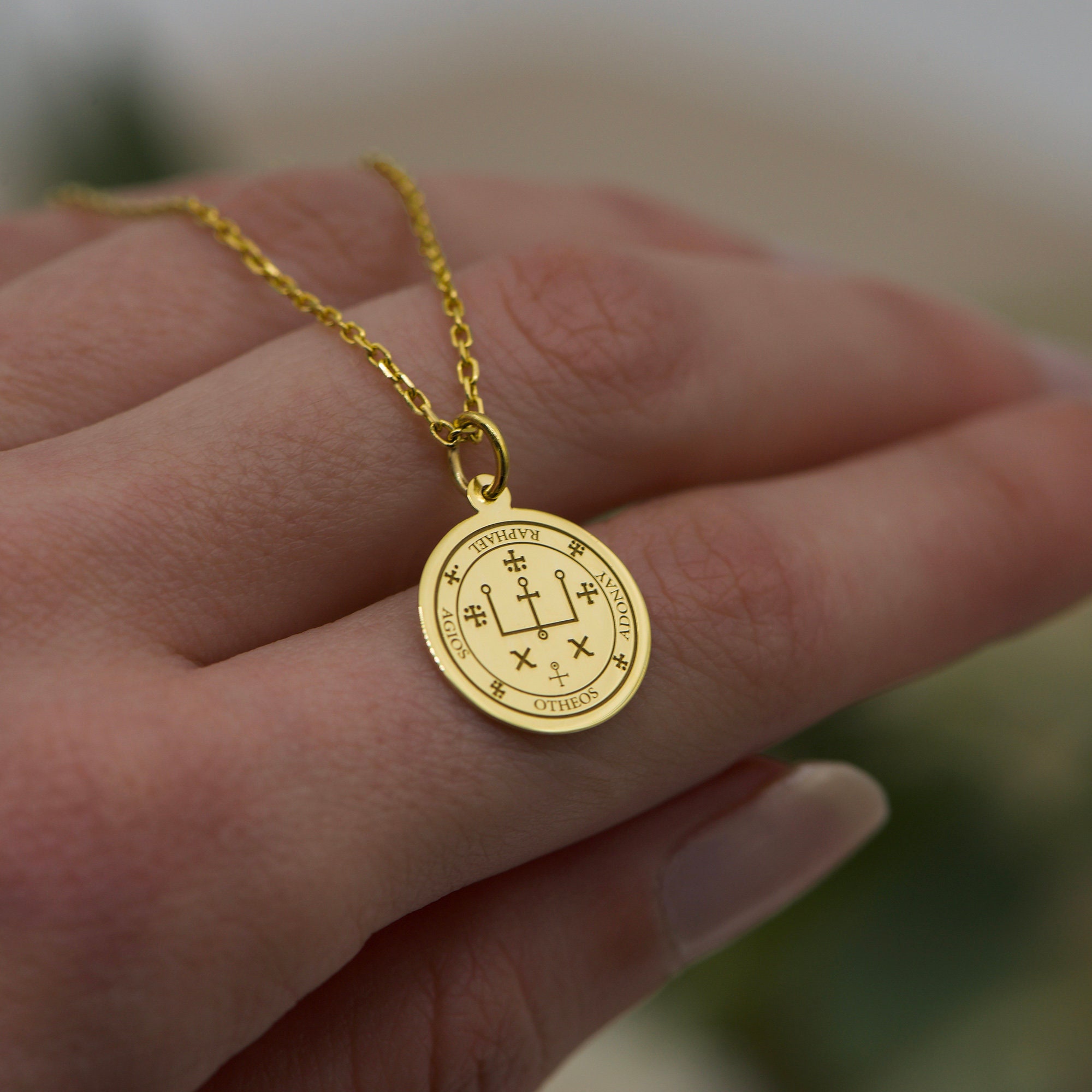 14K Solid Gold Archangel Raphael Seal Necklace - Healing Guardian ...