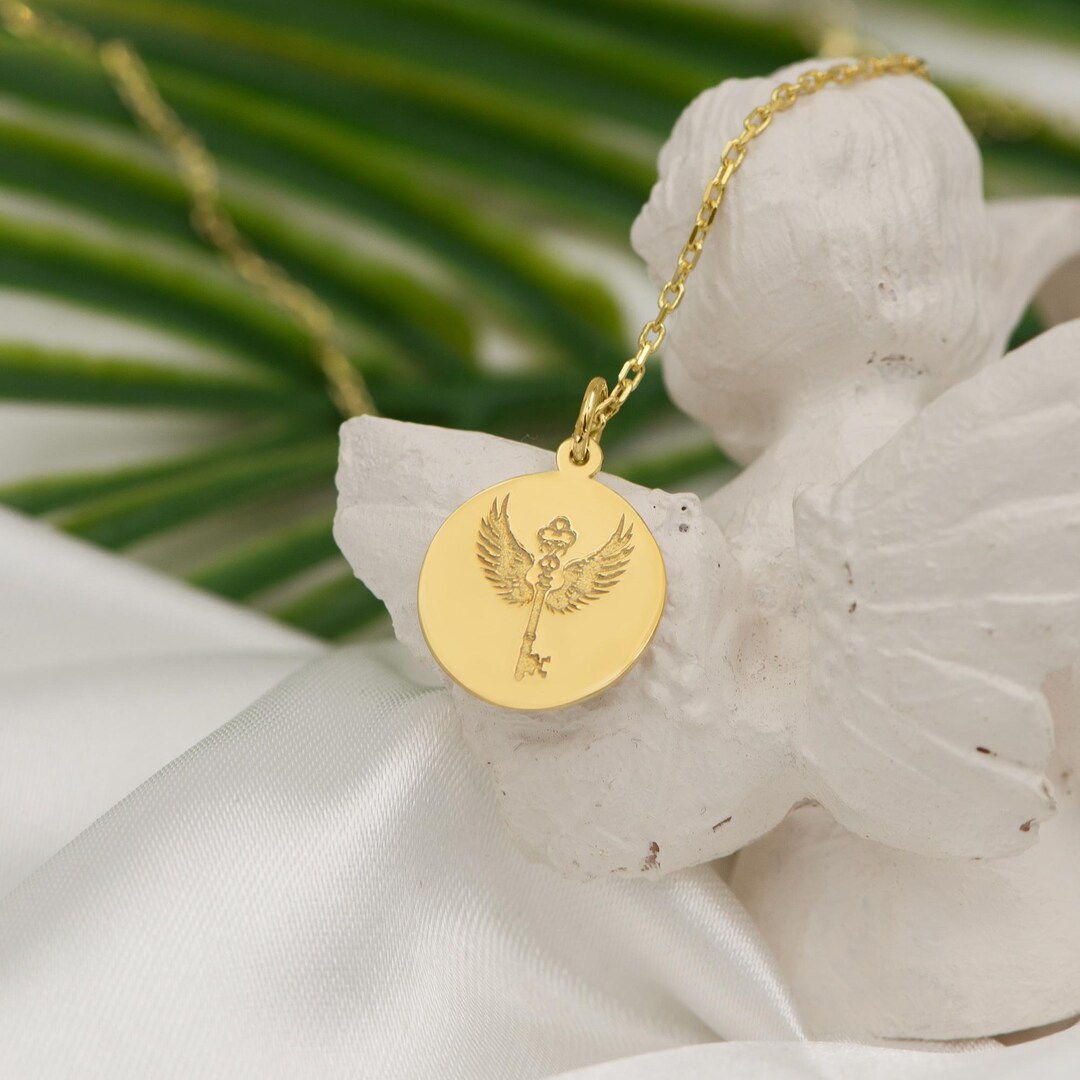 14K Solid Gold Angel Wing Key Necklace – Angel Wing Pendant | Key Charm ...