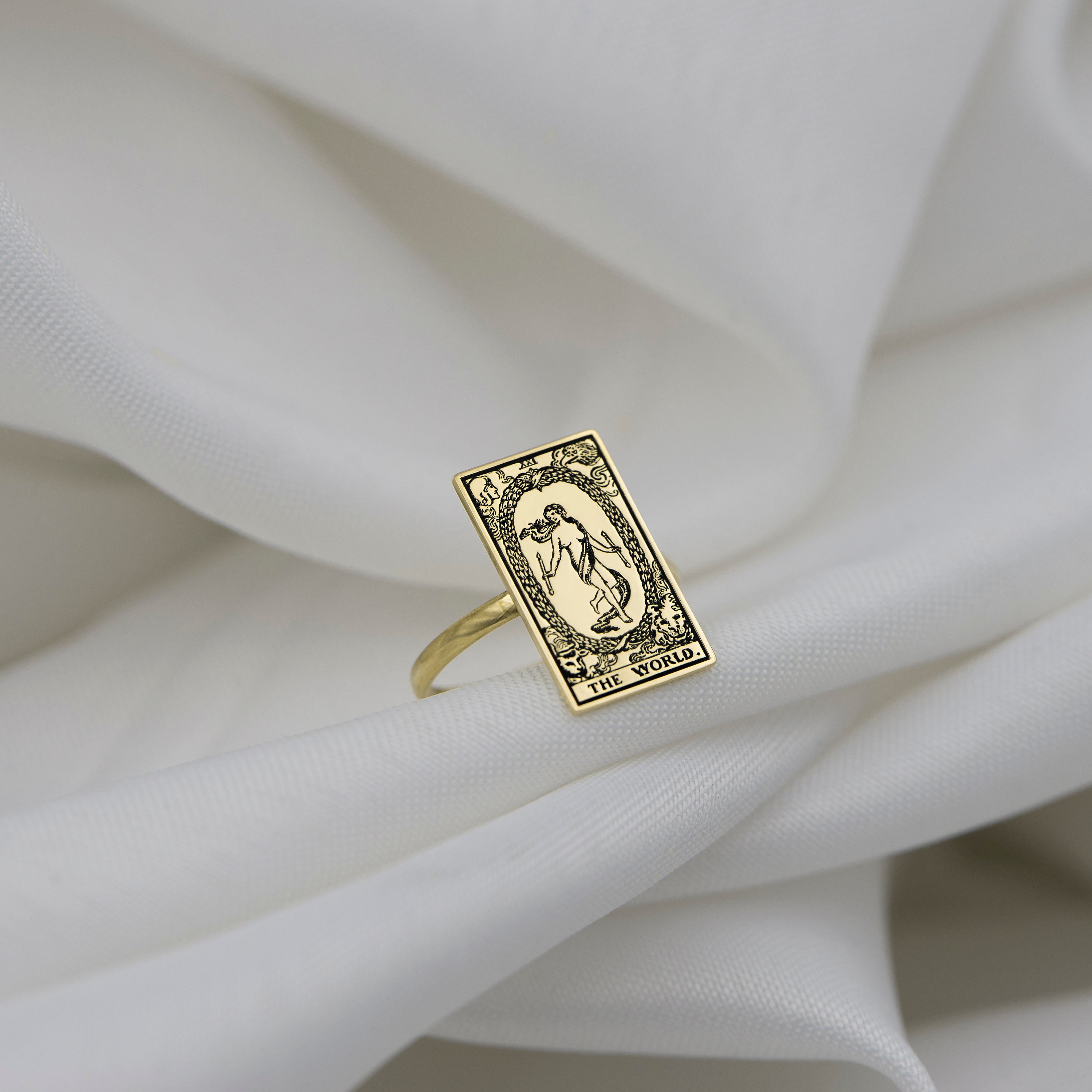 10k Solid Gold Tarot Card Ring the World Tarot Card Ring - Etsy