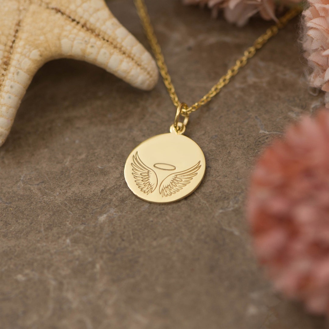 14K Solid Gold Angel Wings Necklace - Guardian Angel Pendant, Memorial ...