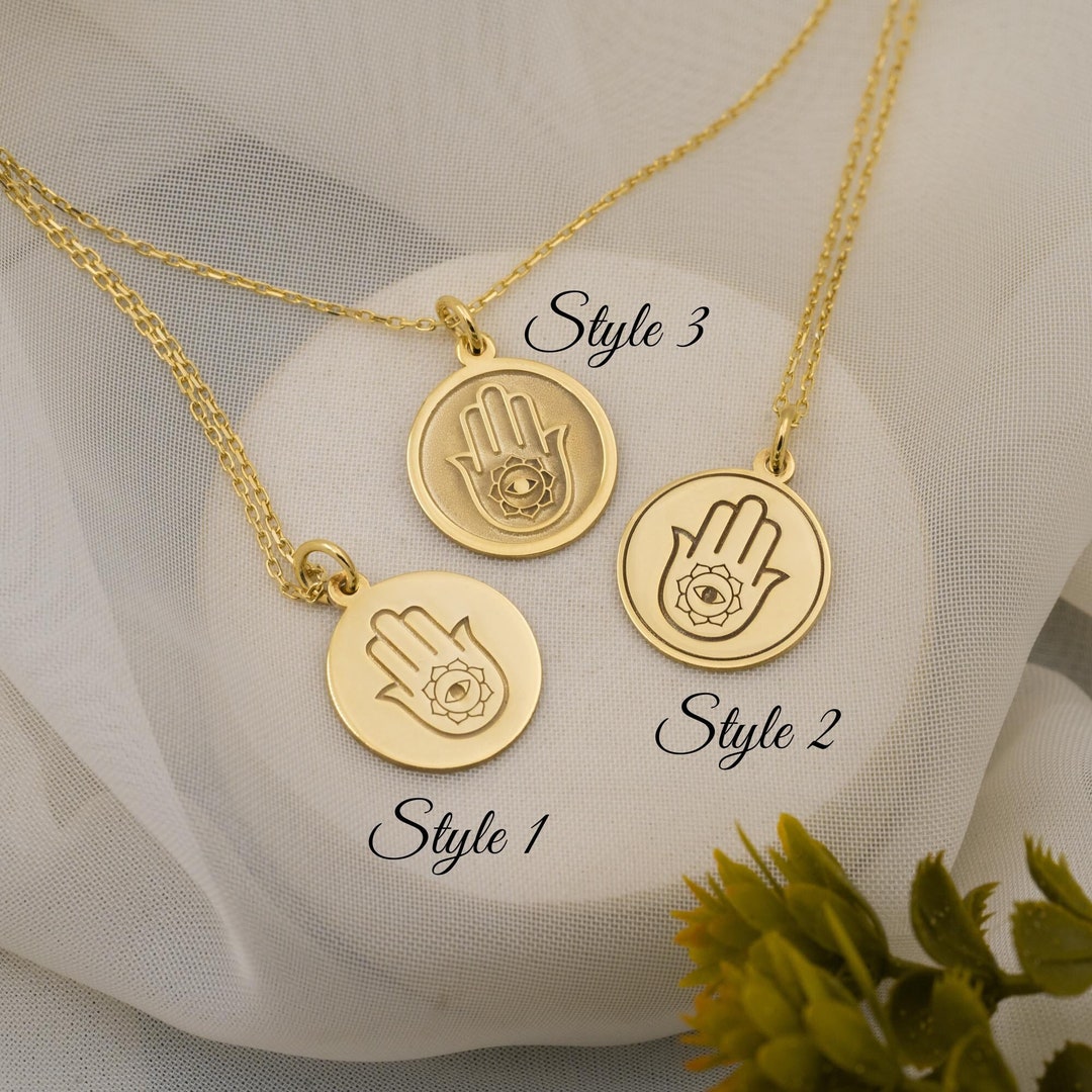 14k Real Solid Gold Hamsa Hand Necklace - Personalized Hand of Fatima ...