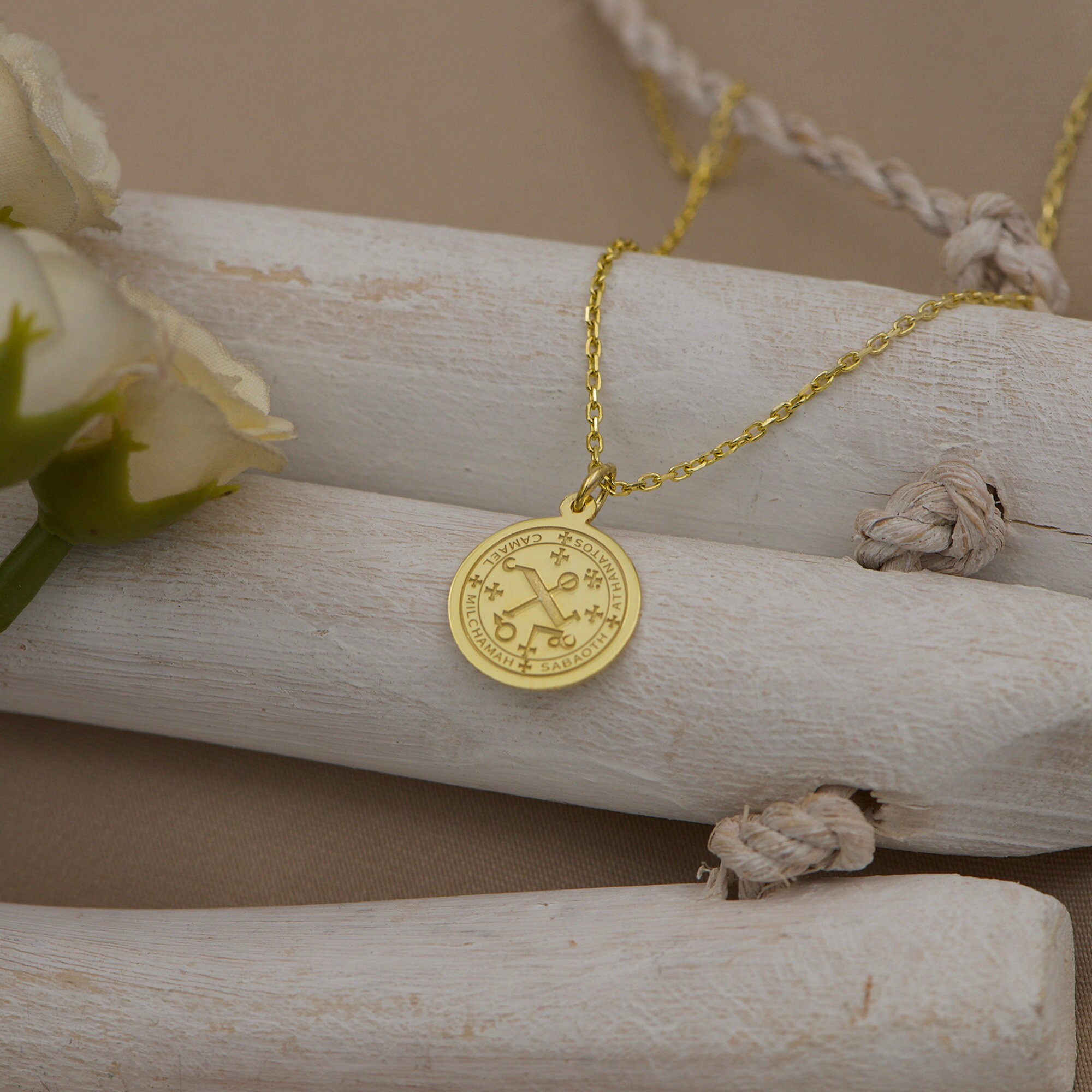14K Solid Gold Archangel Camael Seal Necklace - Spiritual Guardian ...