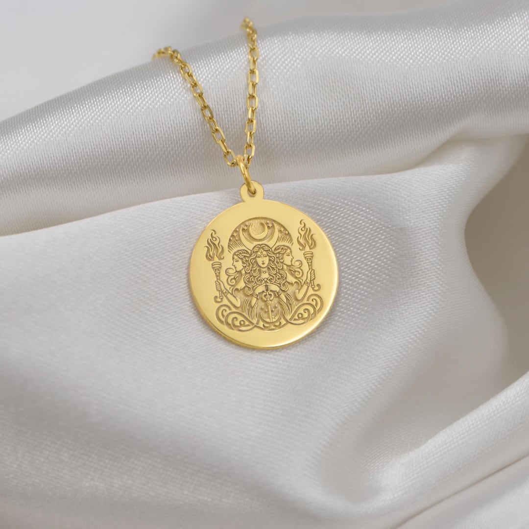 14K Solid Gold Hecate Necklace – Triple Moon Goddess Pendant, Handmade ...