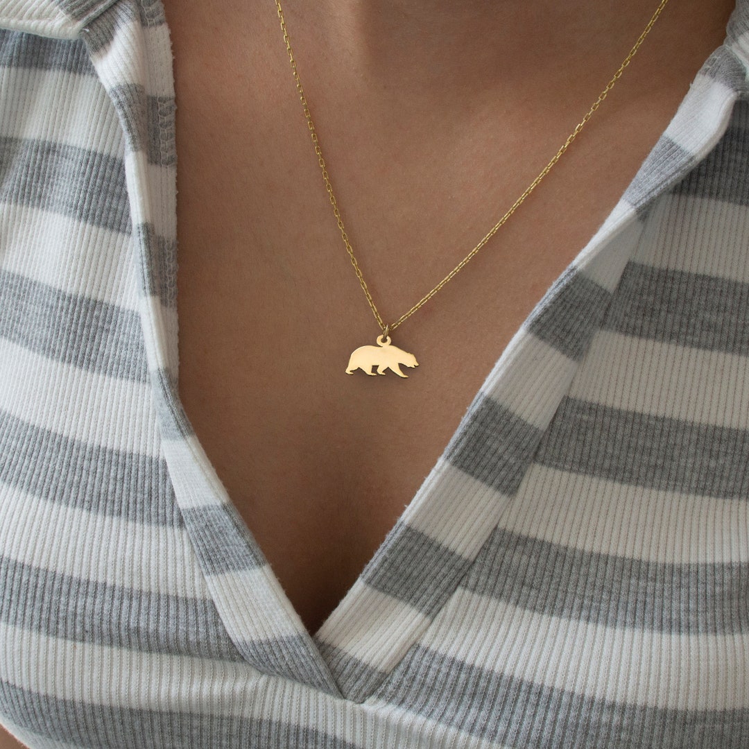14k Real Solid Gold Bear Necklace - Tiny California Bear Pendant ...