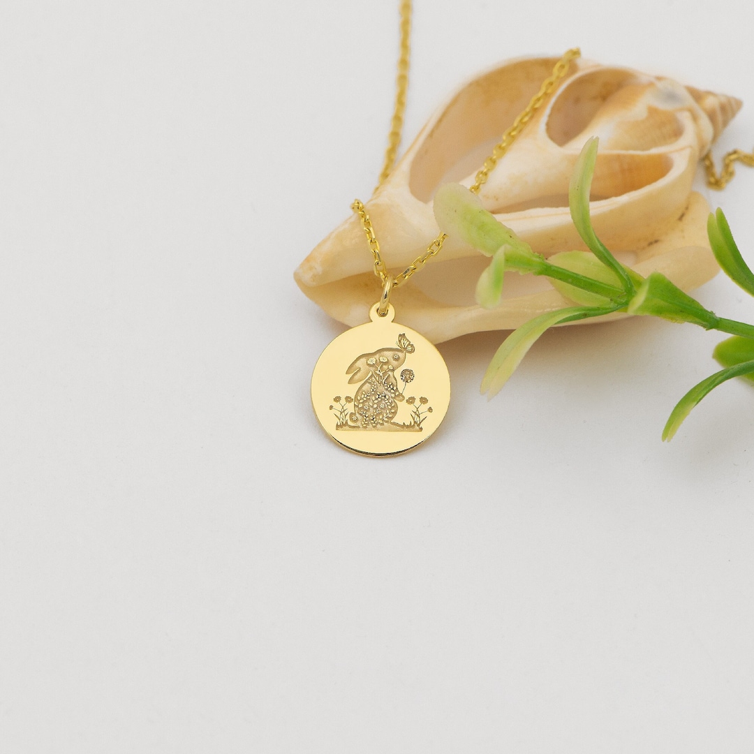 Personalized 14k Real Solid Gold Rabbit and Butterfly Necklace - Dainty ...