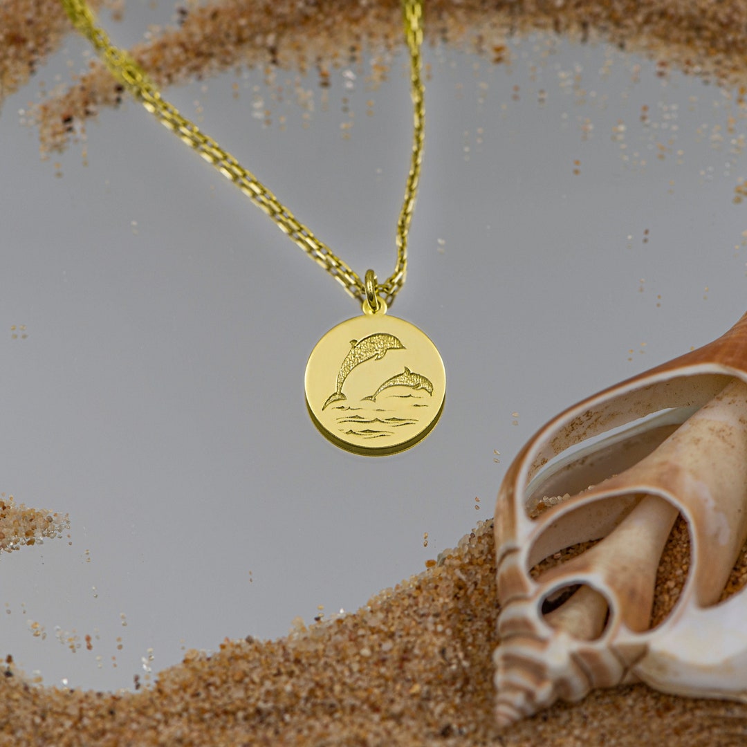 14k Solid Gold Engraved Dolphin Necklace - Animal Lover Gift - Rose ...