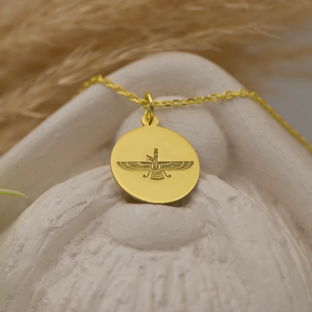 14K Solid Gold Faravahar Necklace - Persian Zoroastrian Charm, Ancient ...