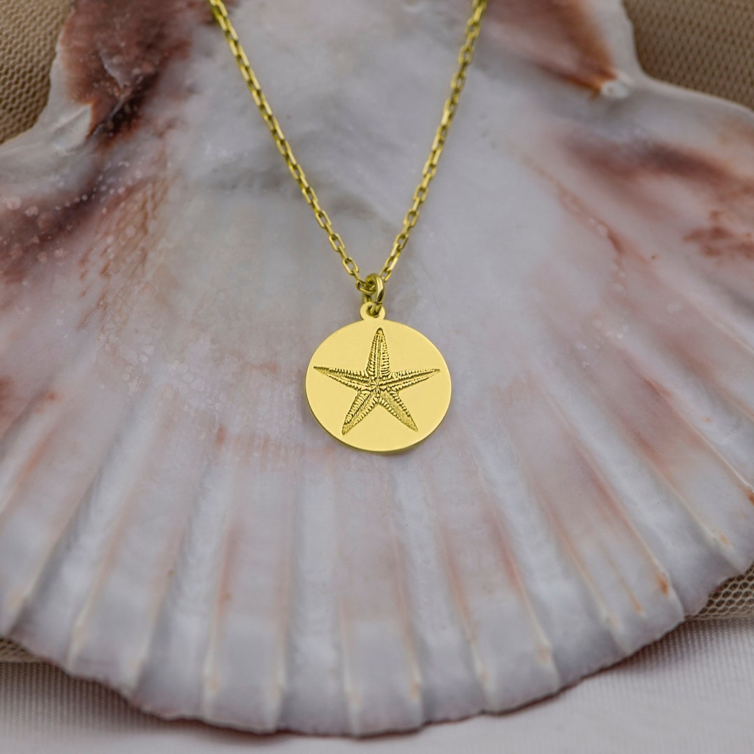 Real 14k Solid Yellow Gold Starfish Coin Pendant Necklace - Tiny Star ...