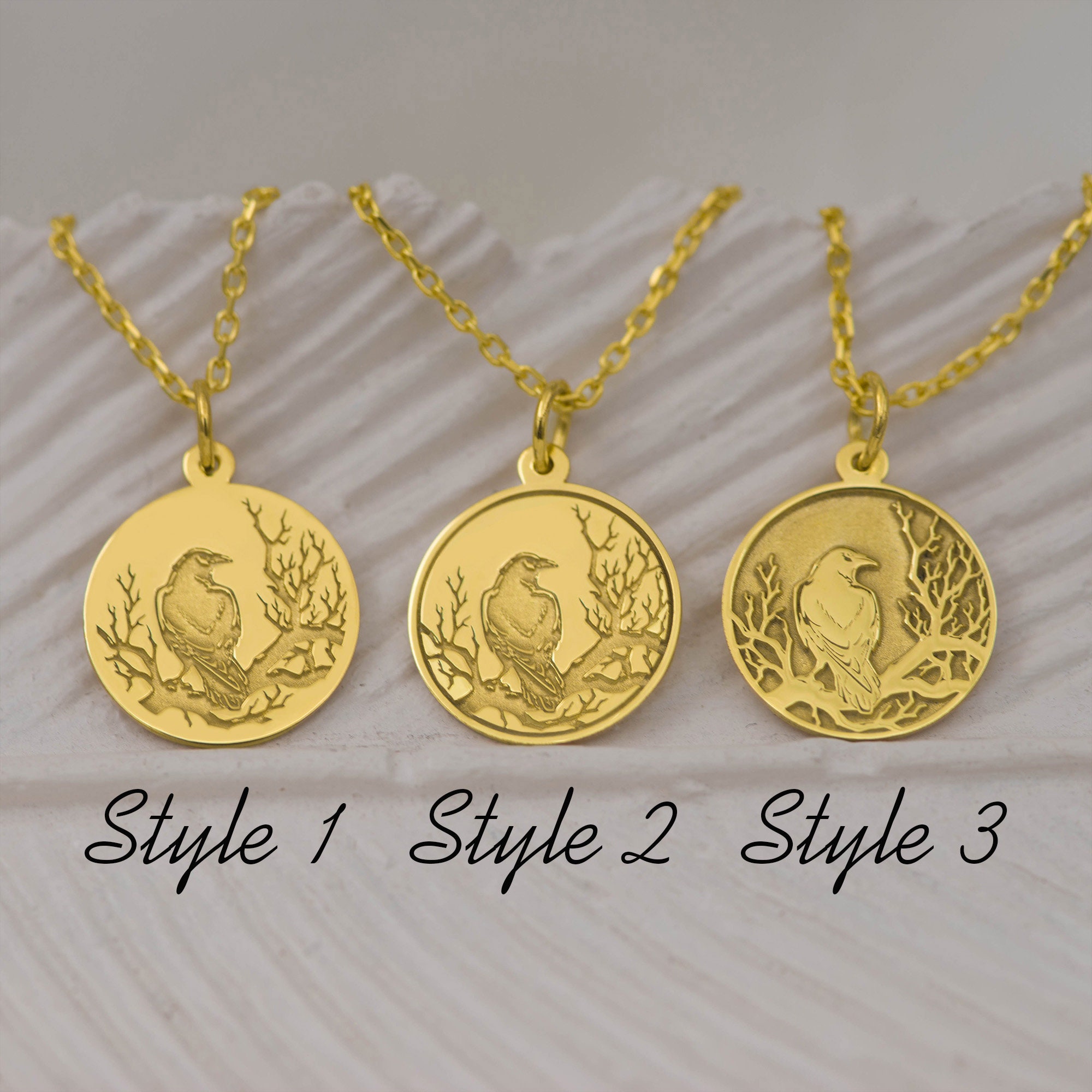 14K Solid Gold Raven Necklace - Mystical Bird Pendant, Gothic Jewelry ...