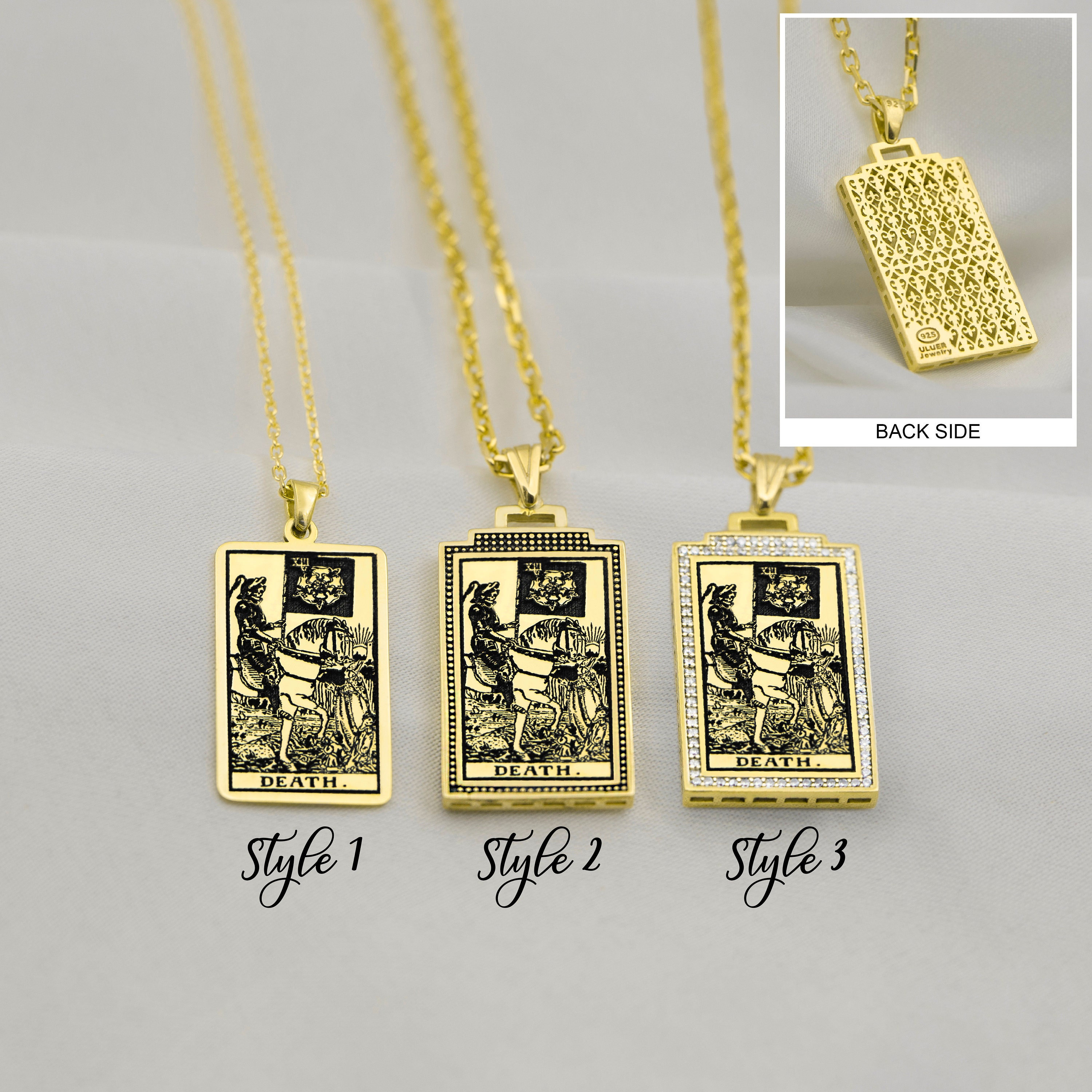 Sterling Silver the Death Tarot Card Pendant Necklace, Gold Tag Charm ...