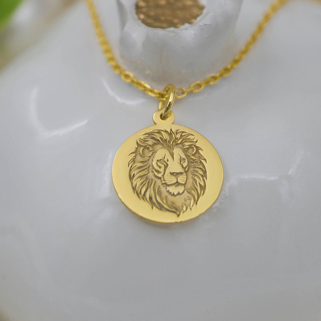 14K Solid Gold Lion Head Necklace - Majestic Animal Jewelry, King of ...
