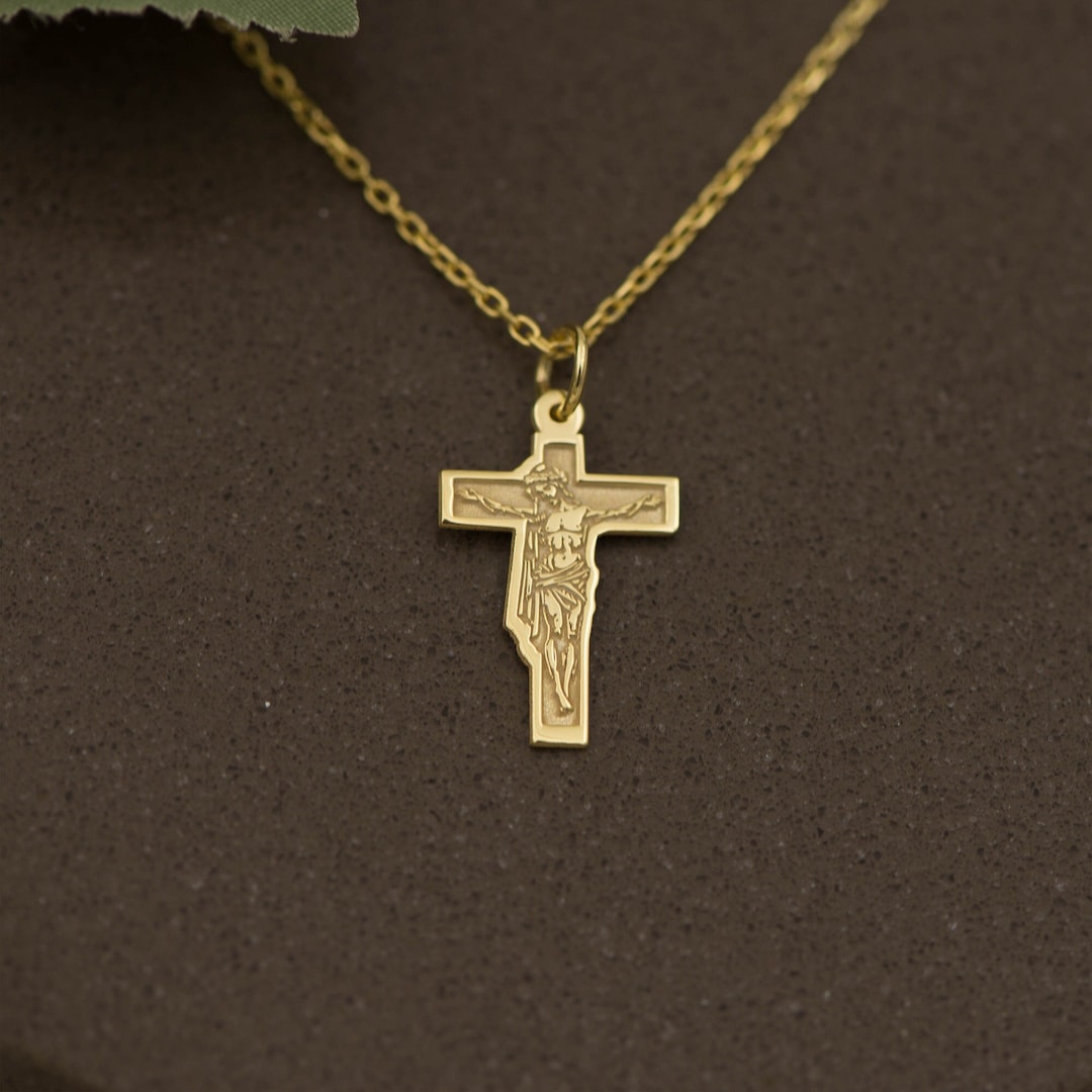 14K Solid Gold Jesus Christ Cross Necklace - Christian Faith Jewelry ...