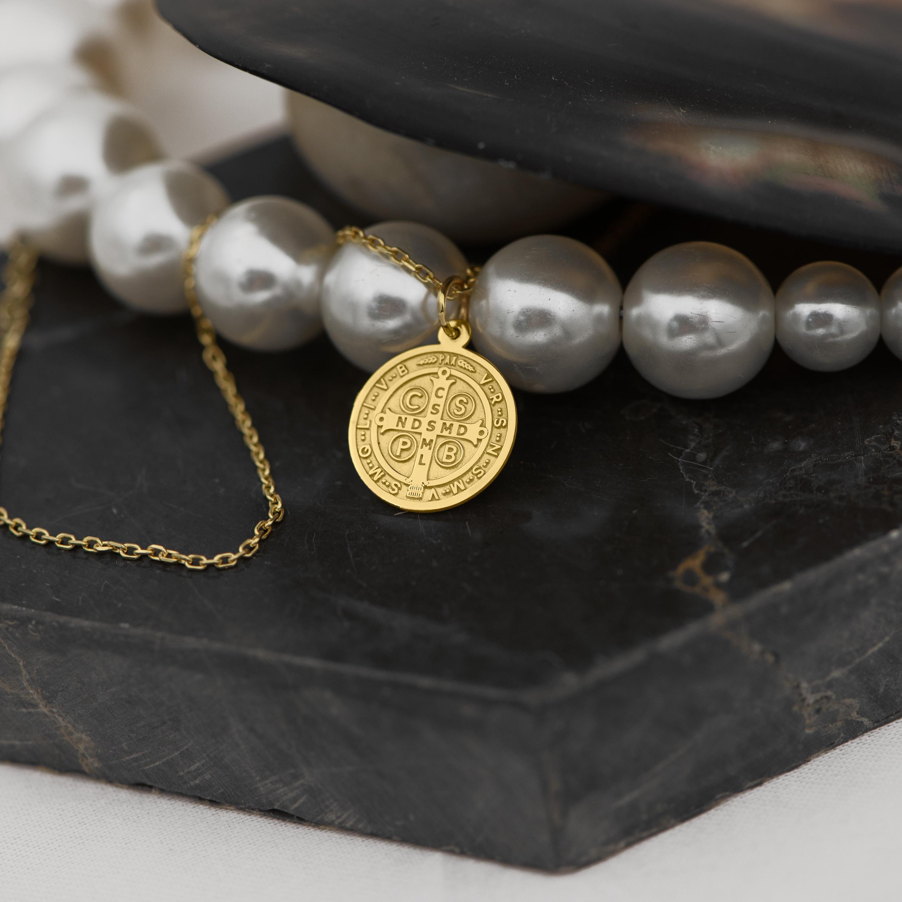14K Solid Gold Saint Benedict Necklace - Catholic Protection Pendant ...