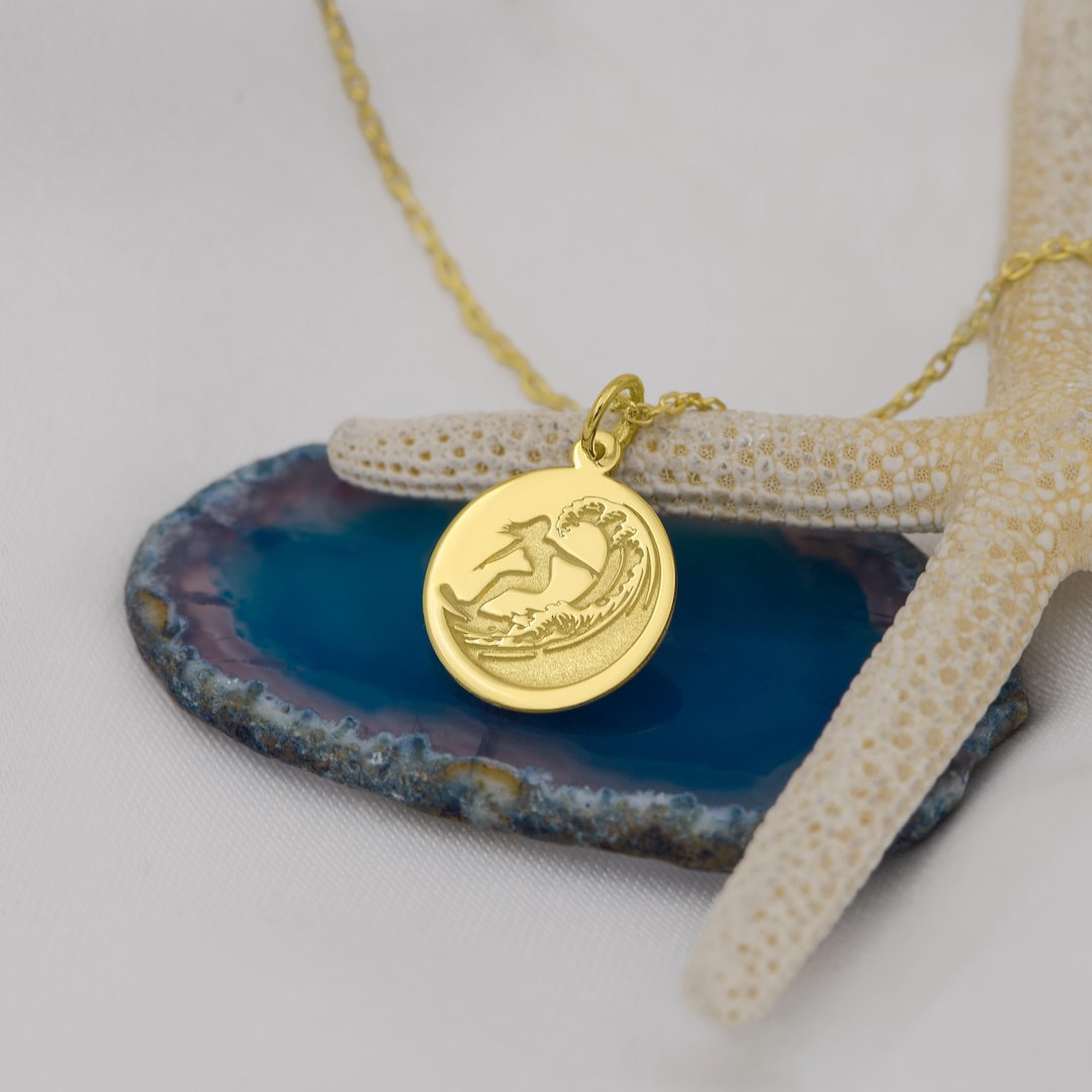 14K Solid Gold Surfer Girl Necklace - Beach Jewelry | Gold Surfboard ...