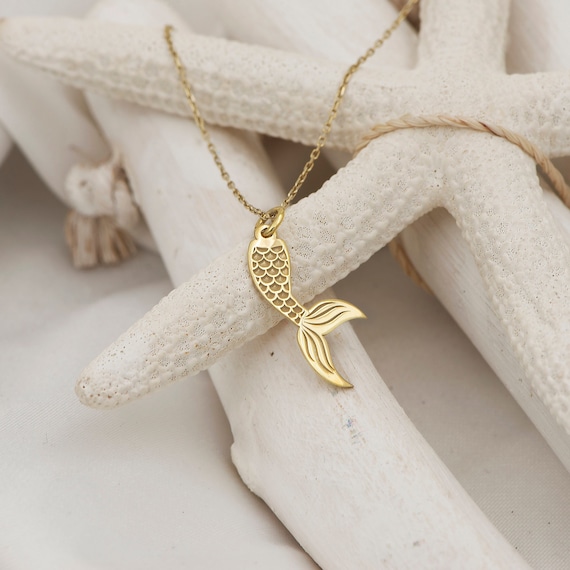 14k Solid Gold Mermaid Tail Necklace by Demir Uluer Dainty Mermaid Jewelry Tiny Nautical Pendant Ocean Necklace Gift for Her Etsy