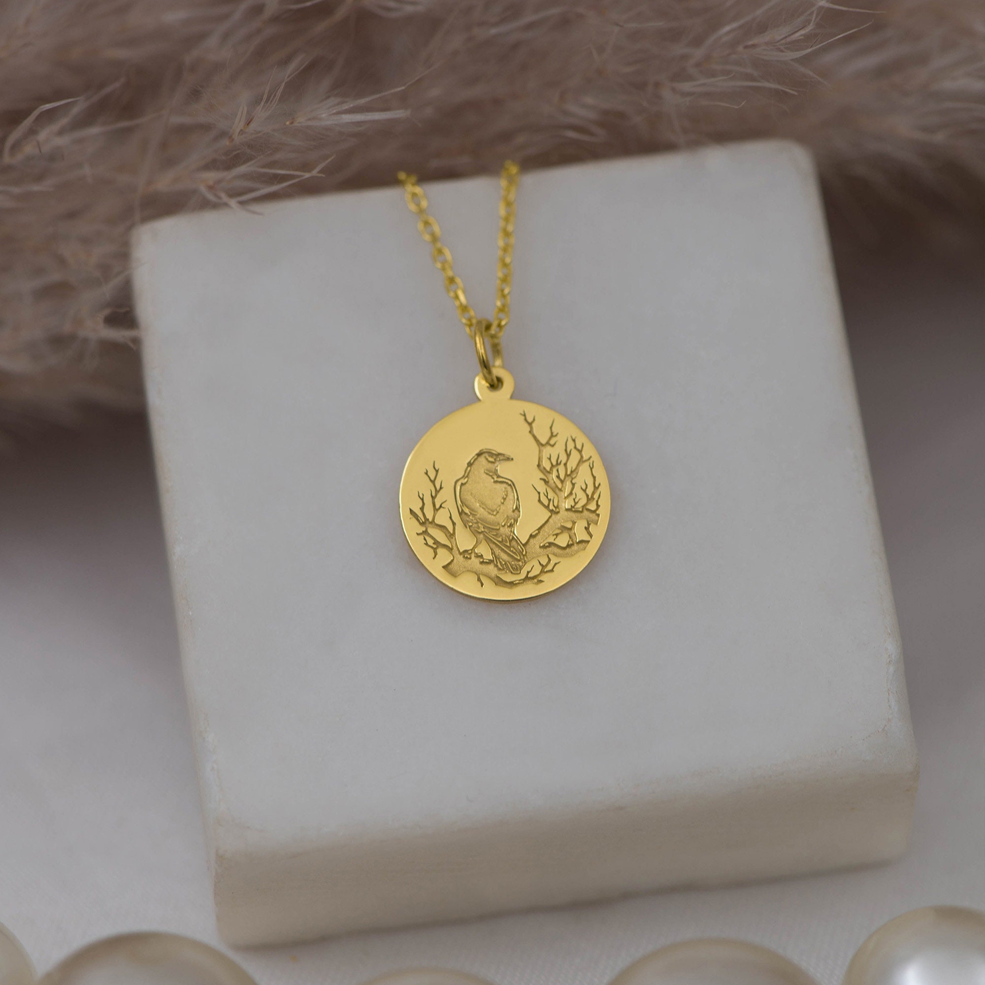 14K Solid Gold Raven Necklace - Mystical Bird Pendant, Gothic Jewelry ...