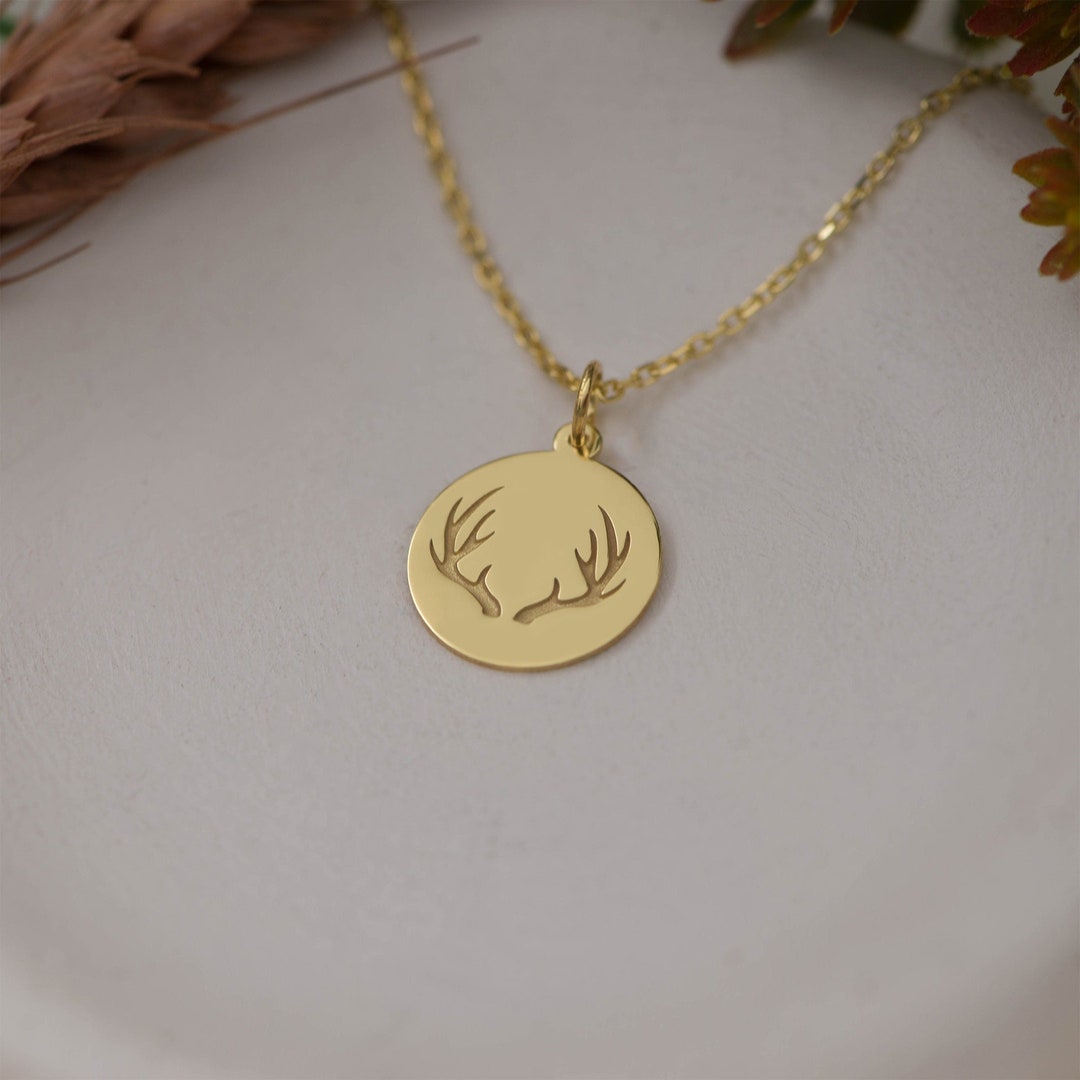 14K Solid Gold Deer Antler Necklace - Rustic Antler Pendant, Hunter's ...