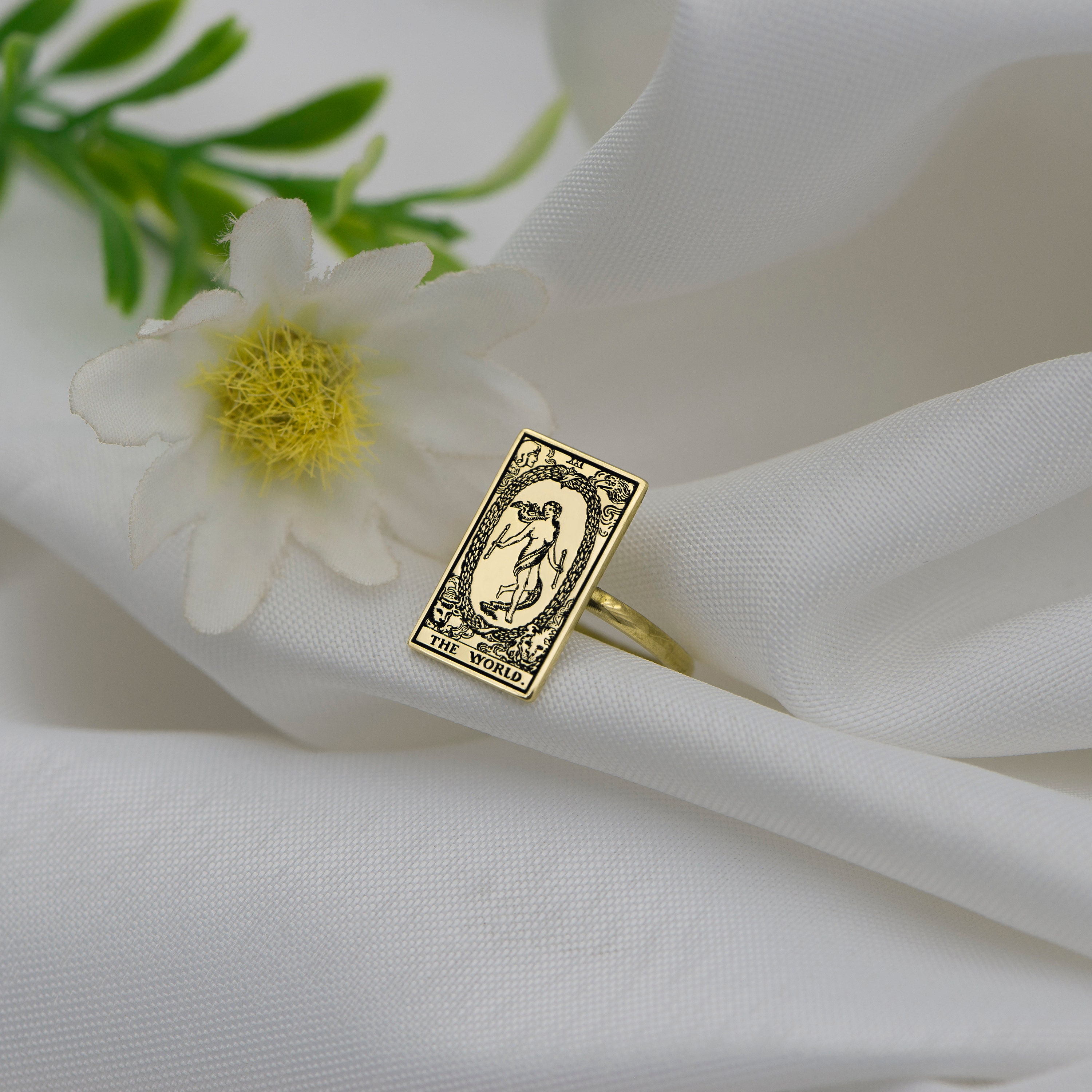 10k Solid Gold Tarot Card Ring: the World Card, Mystic Jewelry - Etsy