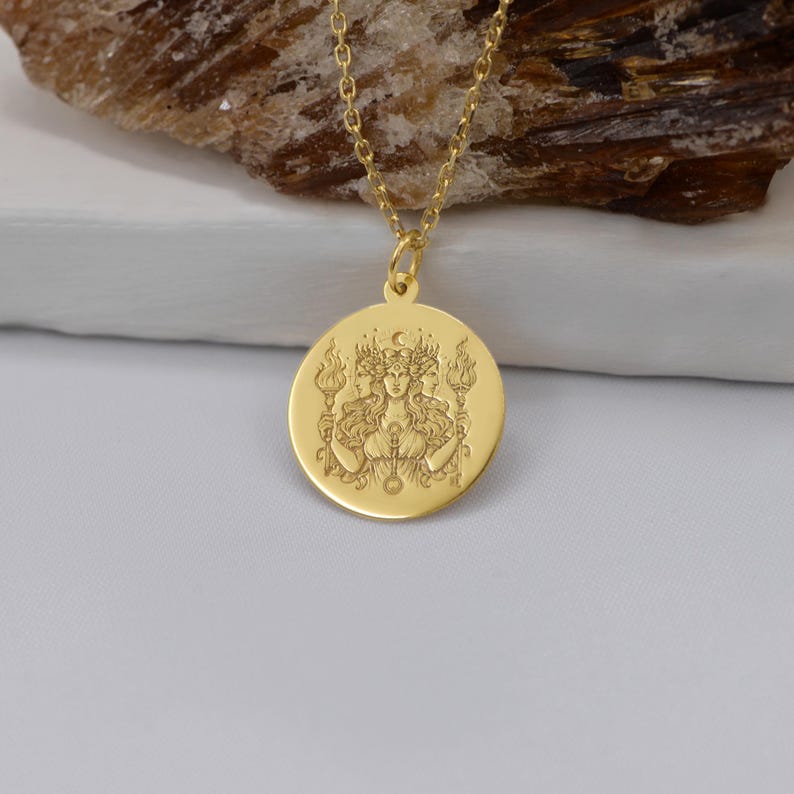 14K Solid Gold Hecate Necklace – Triple Moon Goddess Pendant, Custom ...