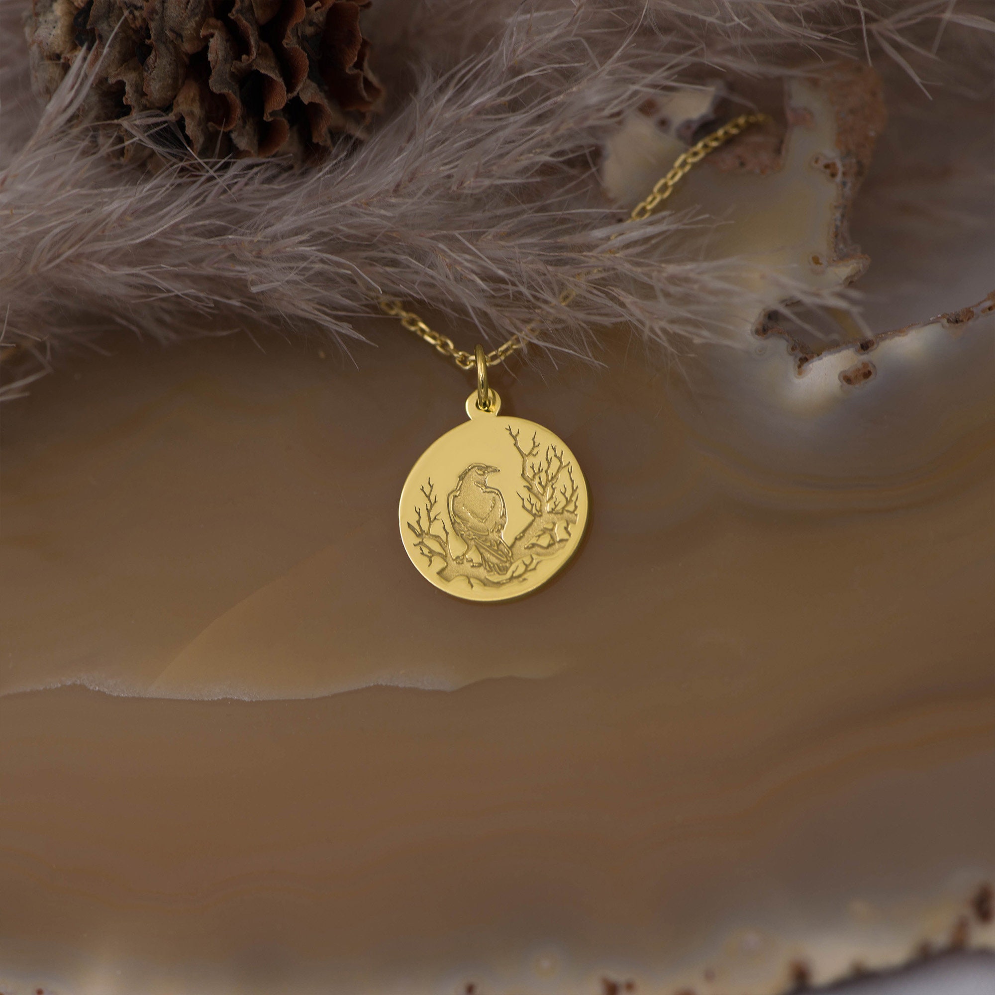 14K Solid Gold Raven Necklace - Mystical Bird Pendant, Gothic Jewelry ...