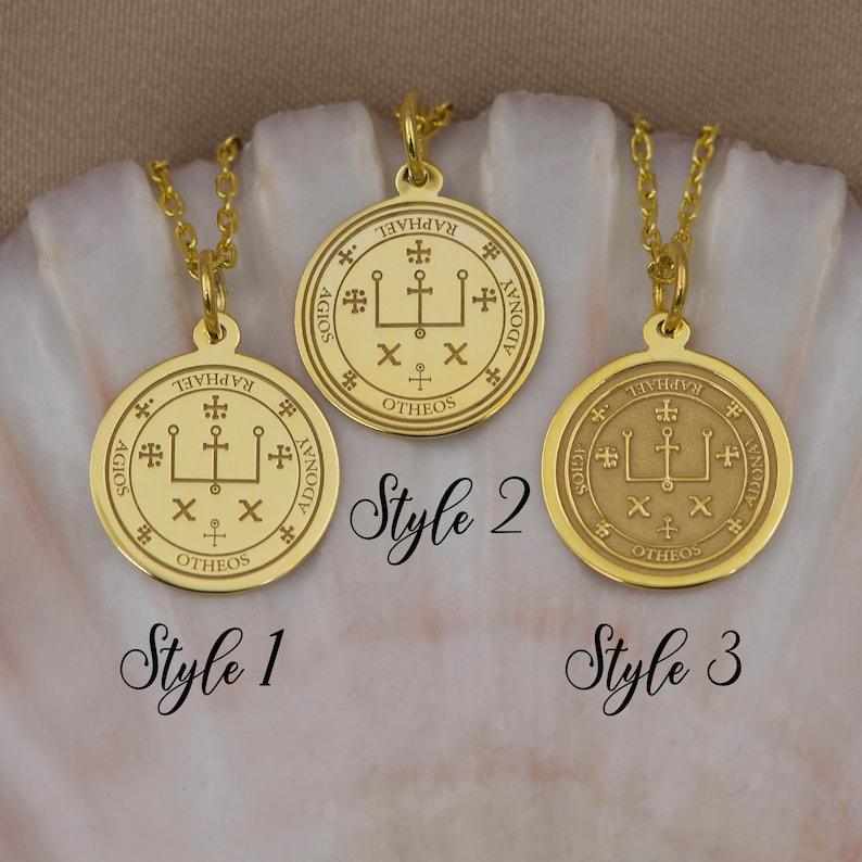 14K Solid Gold Archangel Raphael Seal Necklace - Healing Guardian ...