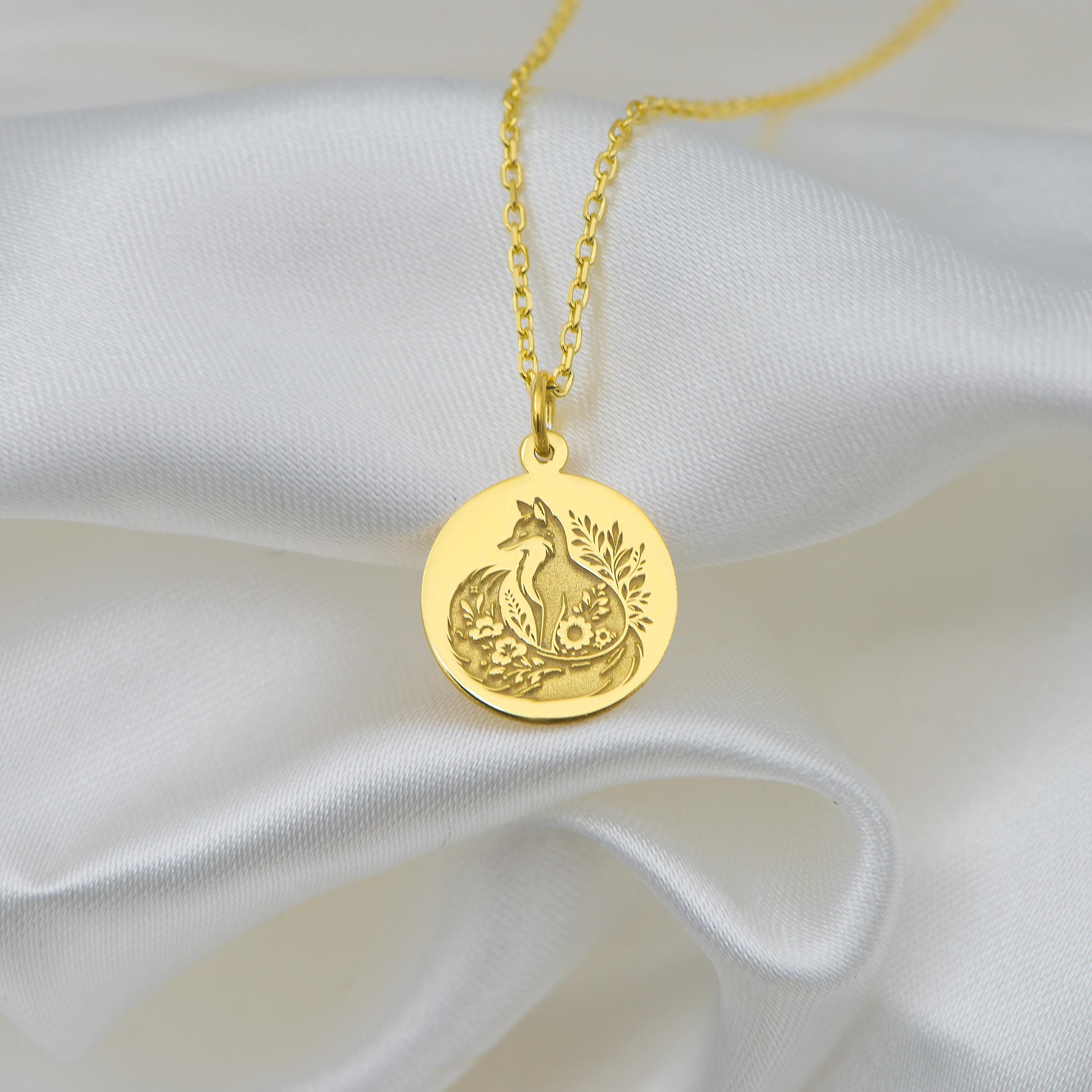 14K Solid Gold Floral Fox Necklace - Handcrafted Floral Pendant | Gold ...