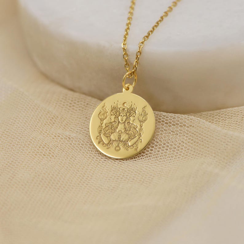 14K Solid Gold Hecate Necklace – Triple Moon Goddess Pendant, Custom ...